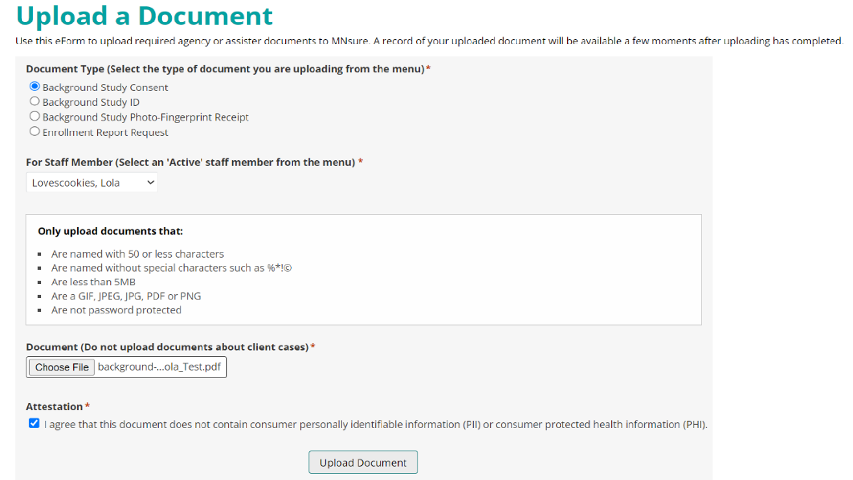 Upload Background Study Documents / Assister Central - MNsure